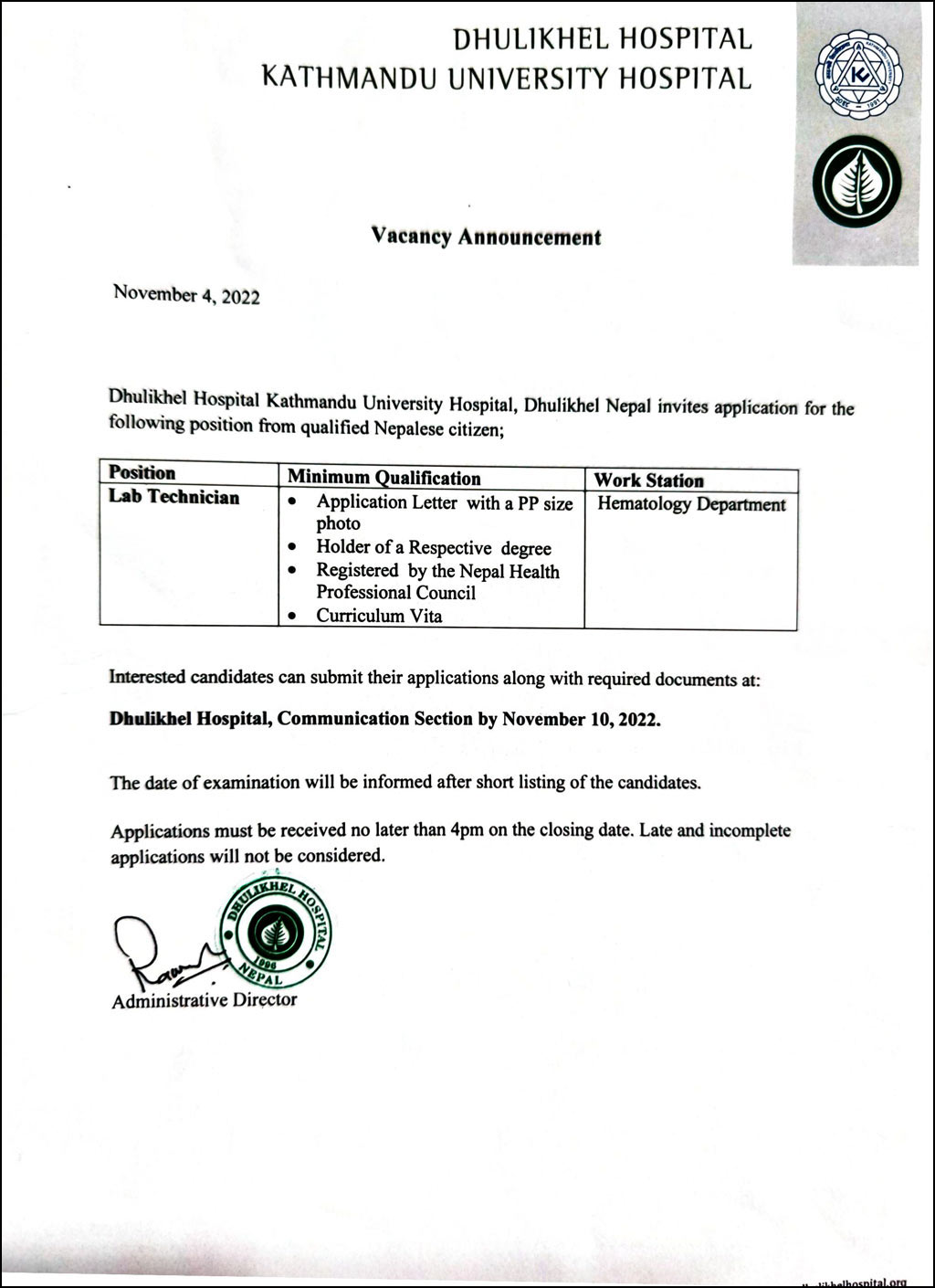 Vacancy Announcement For The Post Of Lab Technician - Dhulikhel Hospital