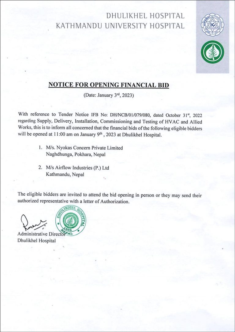 Notice For Opening Financial Bid - Dhulikhel Hospital