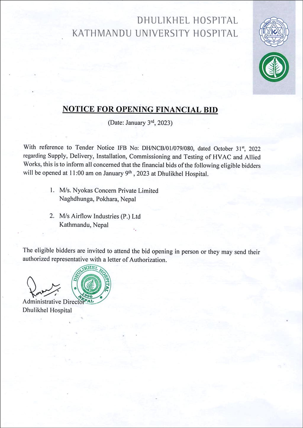 Notice For Opening Financial Bid - Dhulikhel Hospital