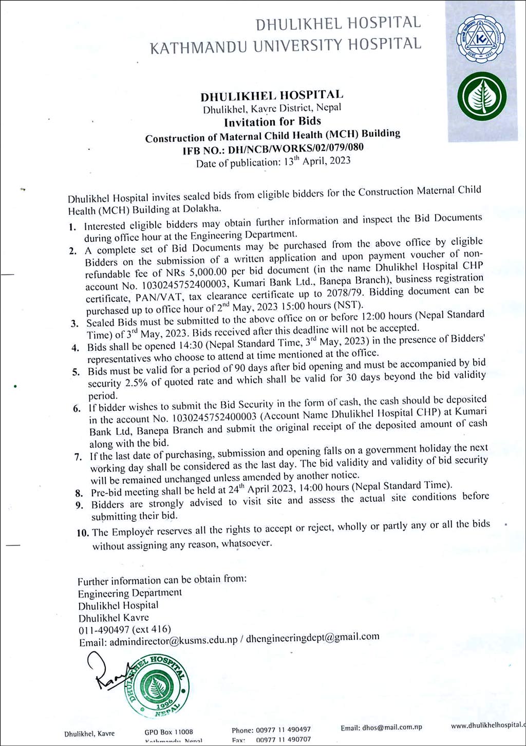 Invitation for Bids- Construction of Maternal Child Health (MCH) Building - Dhulikhel Hospital