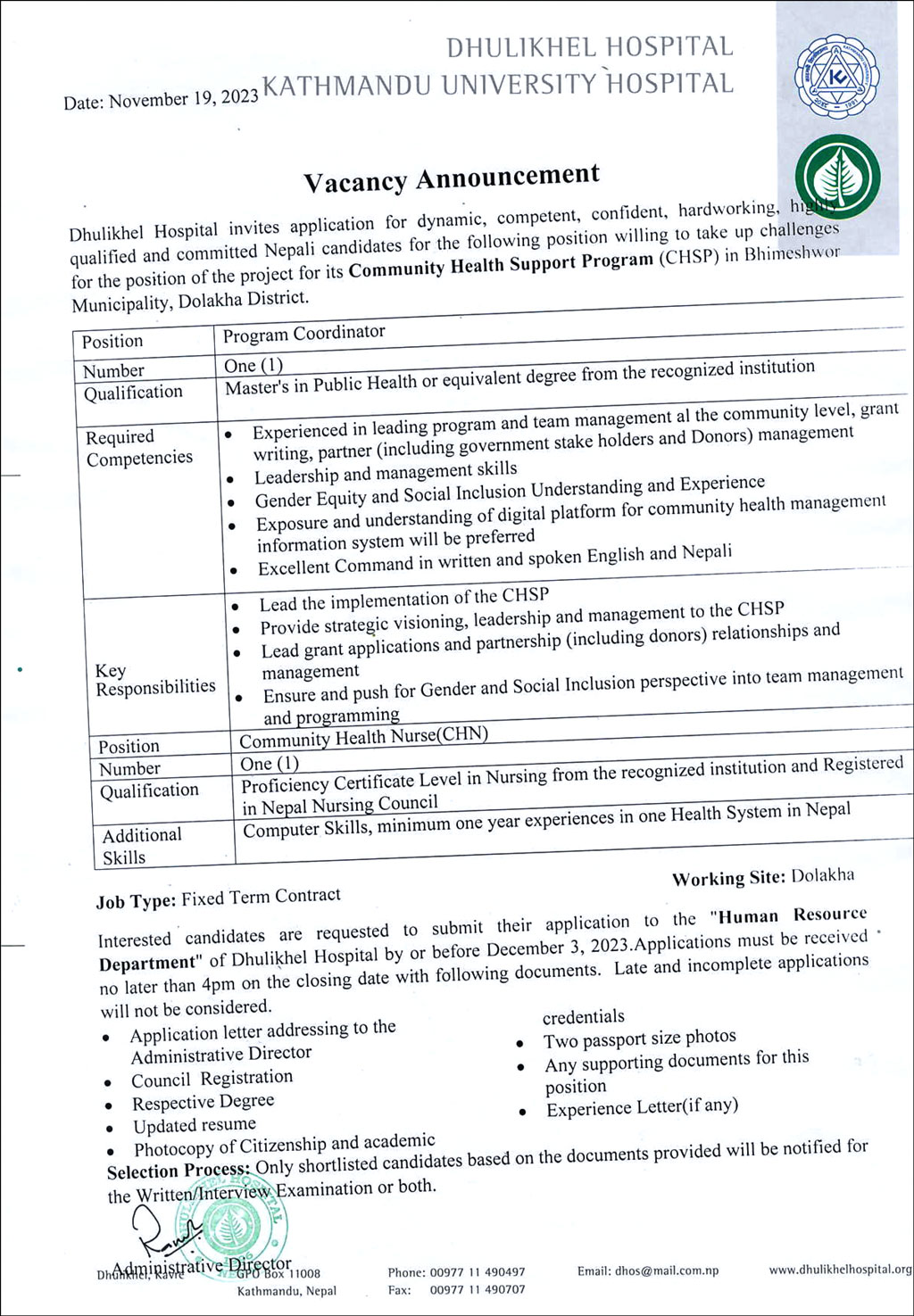 Vacancy Announcement For The Post of Program Coordinator - Dhulikhel ...