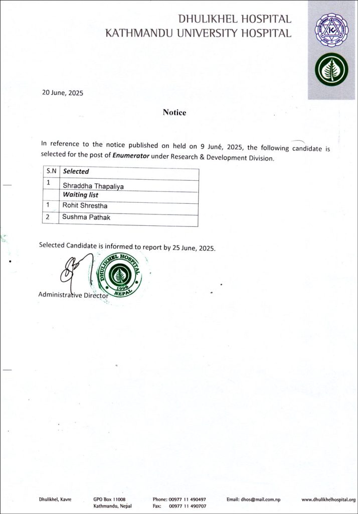 Selected Candidates For The Post Of Enumerator - Dhulikhel Hospital